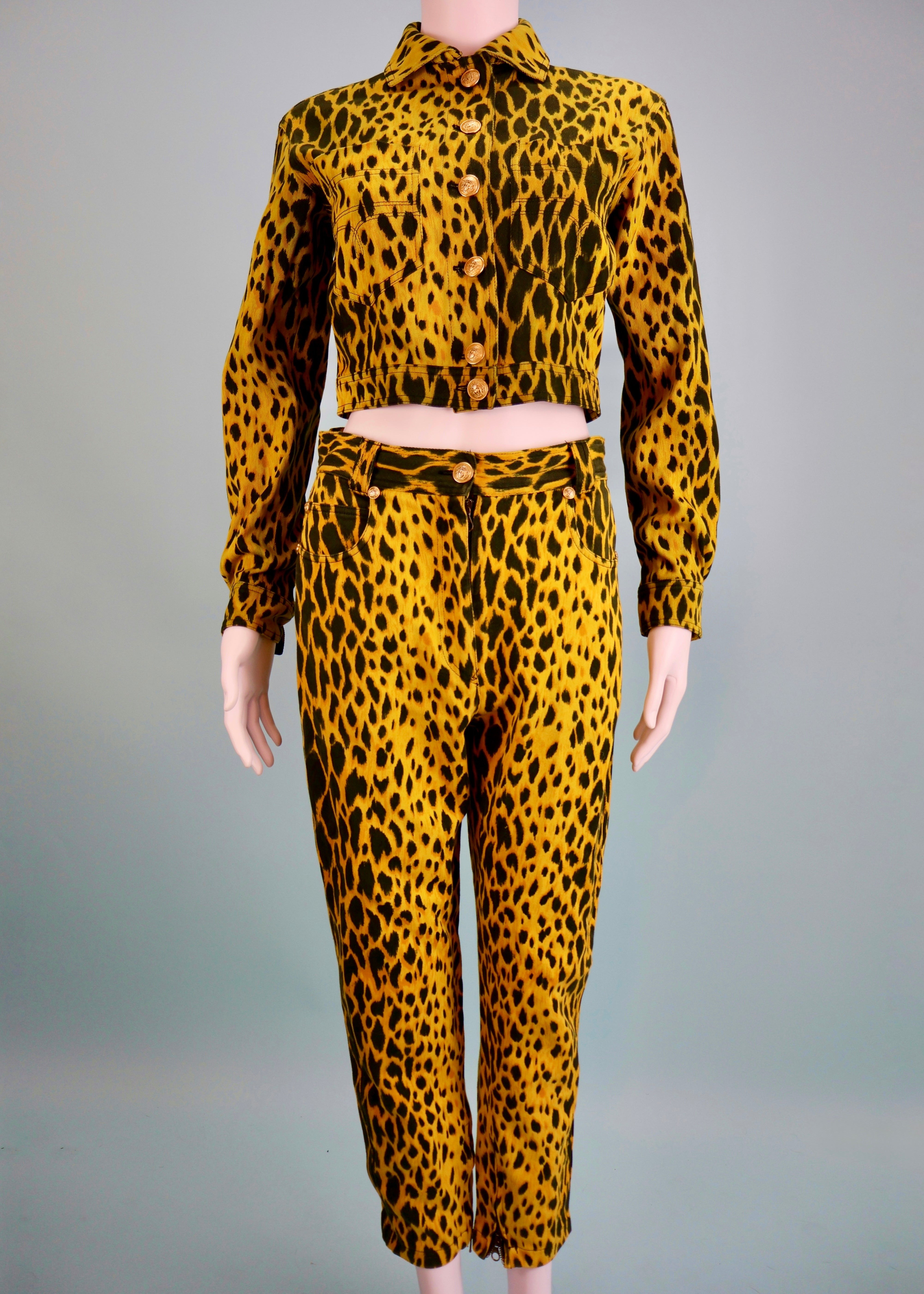 Versace Spring 1992 Runway Yellow Cheetah Print Denim Jacket & Jeans S ...